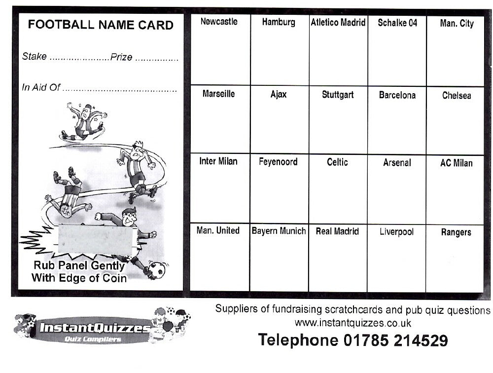 50 Football scratchcards with 20 teams on a card – Instant Quizzes