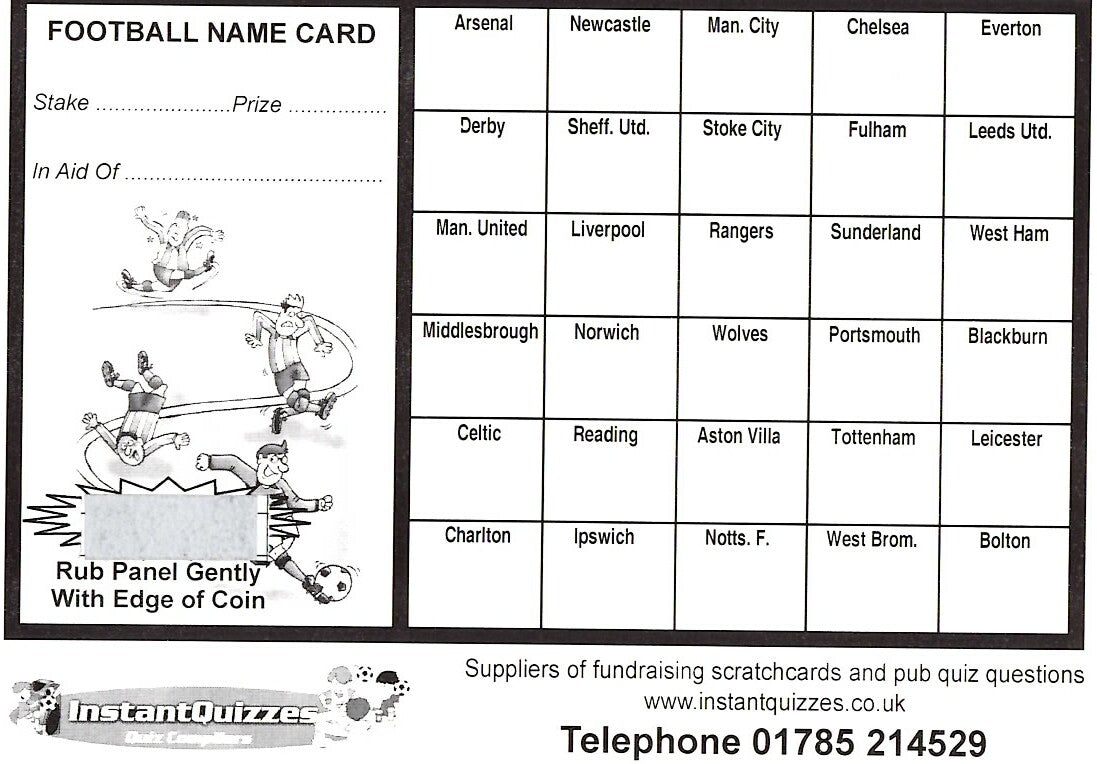 50 Football scratchcards with 30 teams on a card – Instant Quizzes