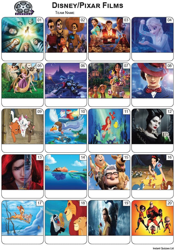 Disney/Pixar Films Picture Quiz - PR2378 – Instant Quizzes