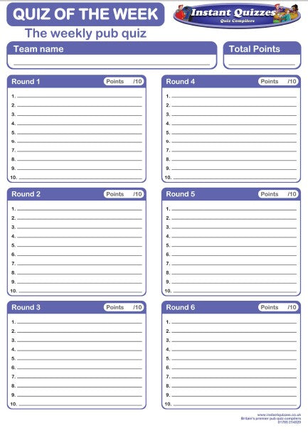 Free Quiz of the Week Answer Sheets – Instant Quizzes