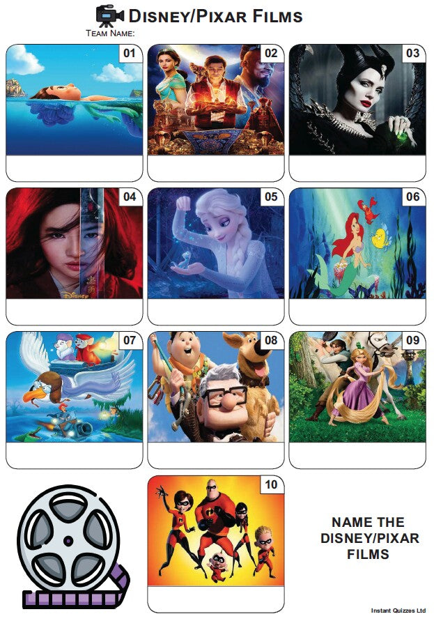 Disney/Pixar Films Mini Picture Quiz - Z3830 – Instant Quizzes
