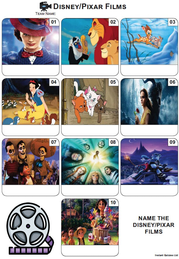 Disney/Pixar Films Mini Picture Quiz - Z3831 – Instant Quizzes